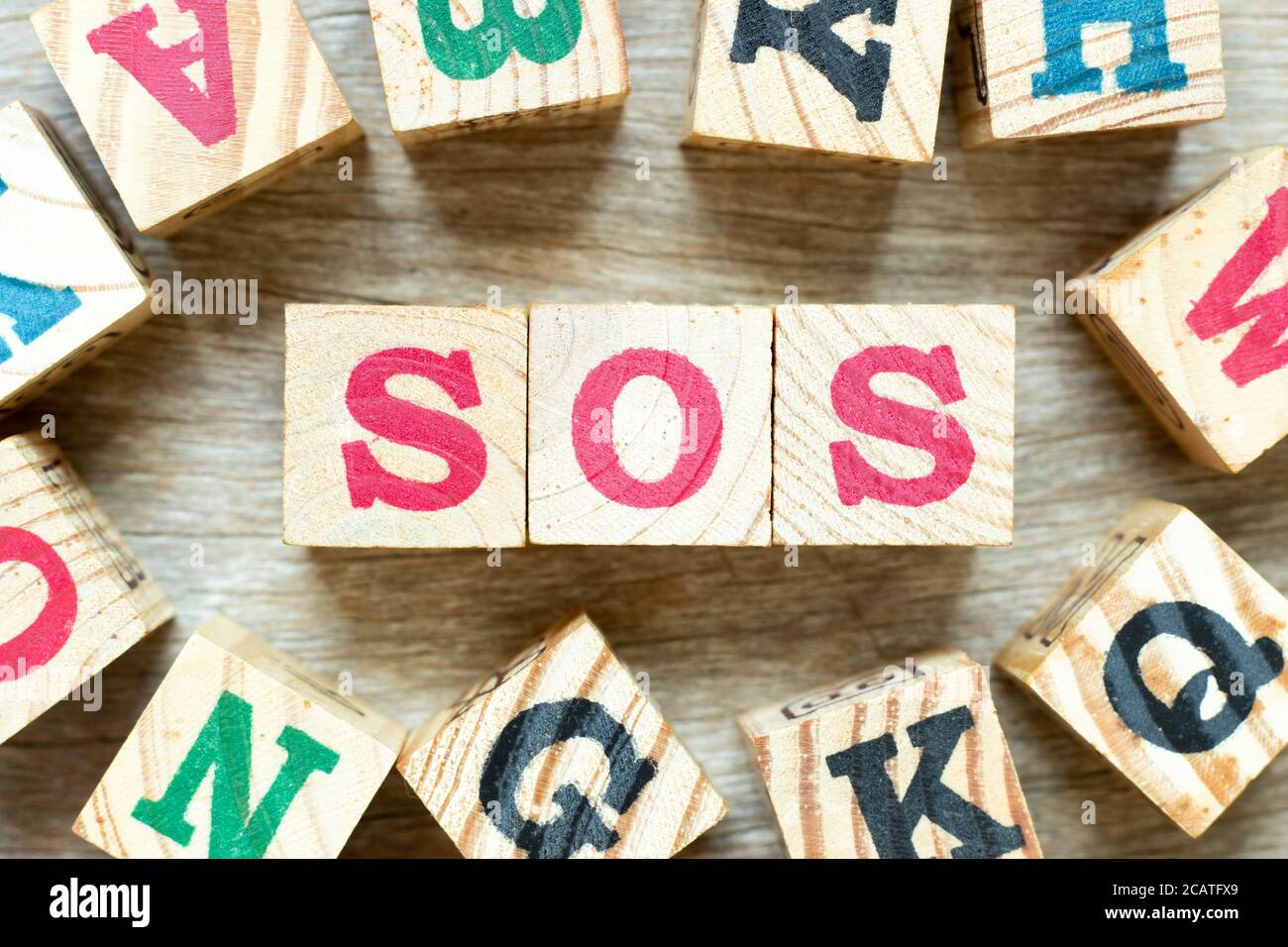 Alphabet letter block in word SOS (abbreviation of save our soul/ship ...