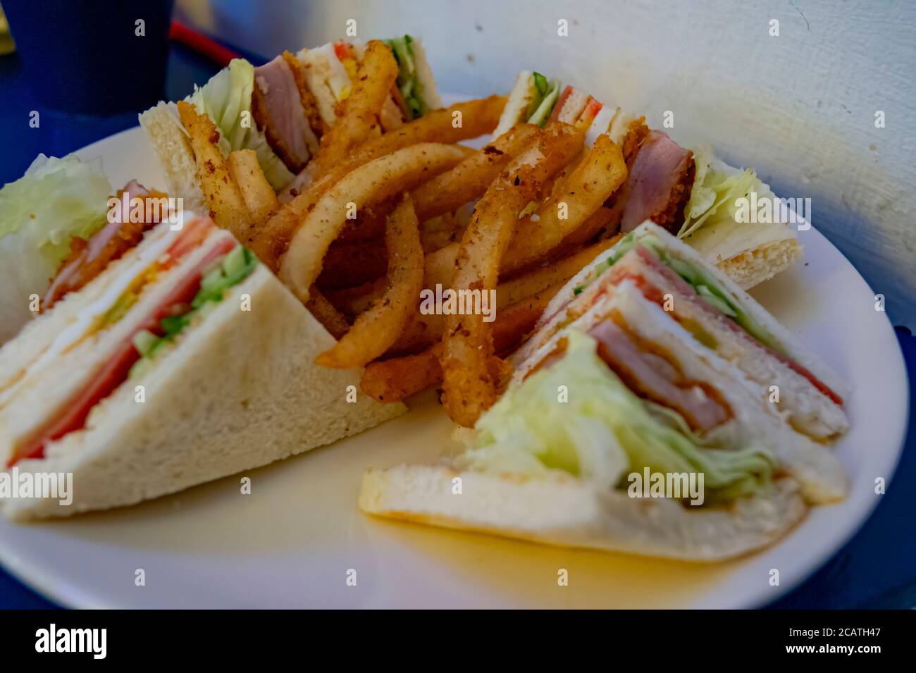 Close up shot of delicious sandwich with french fries at Taipei, Taiwan ...