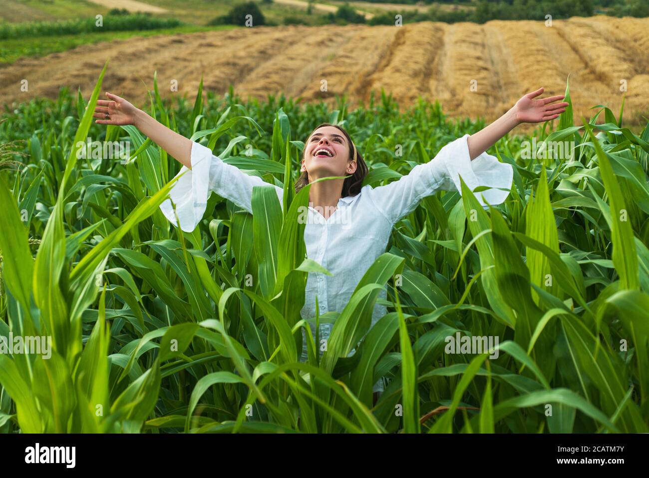 Cheerful woman posing in the corn crop, agriculture and cultivation ...