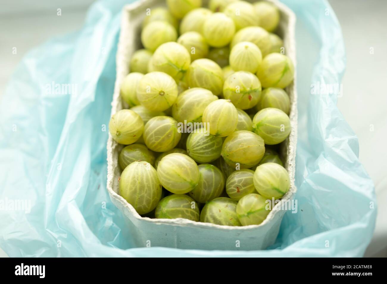 Gooseberry in cartoon punnet, daylight Stock Photo - Alamy