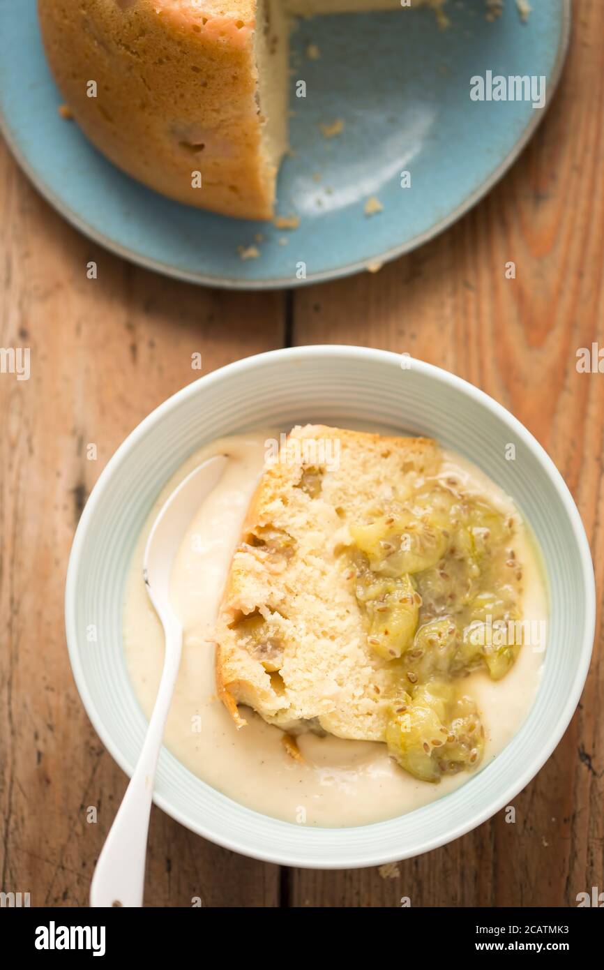 Cooked gooseberry summer pudding with vanilla custard and gooseberry ...