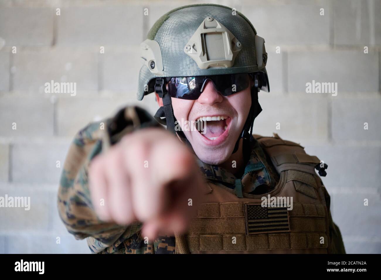 angry soldier pointing with finger and screaming Stock Photo - Alamy