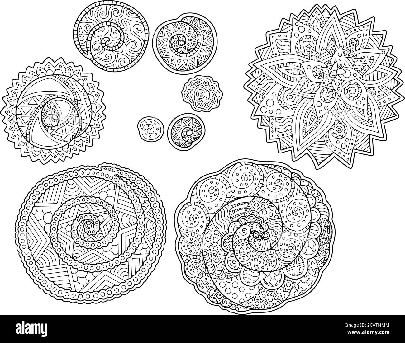 Beautiful set with round arts for coloring book pages on white ...