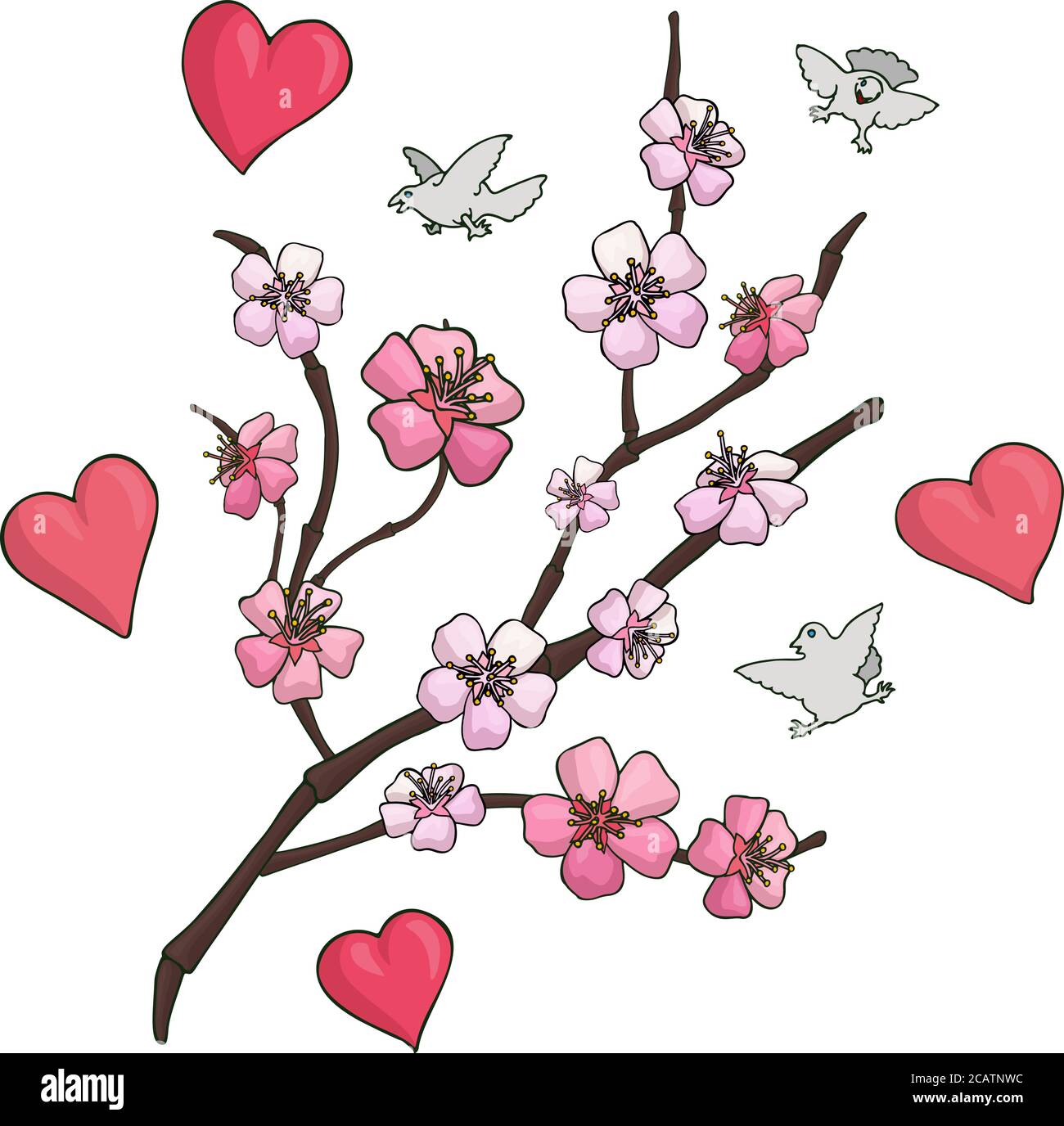 Romantic art with beautiful pink sakura branch white birds and heart ...