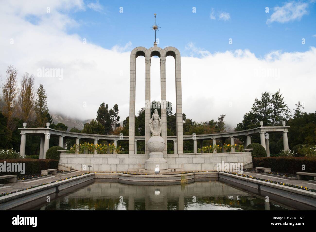 Tourist attraction Huguenot Memorial Monument against blue sky and ...