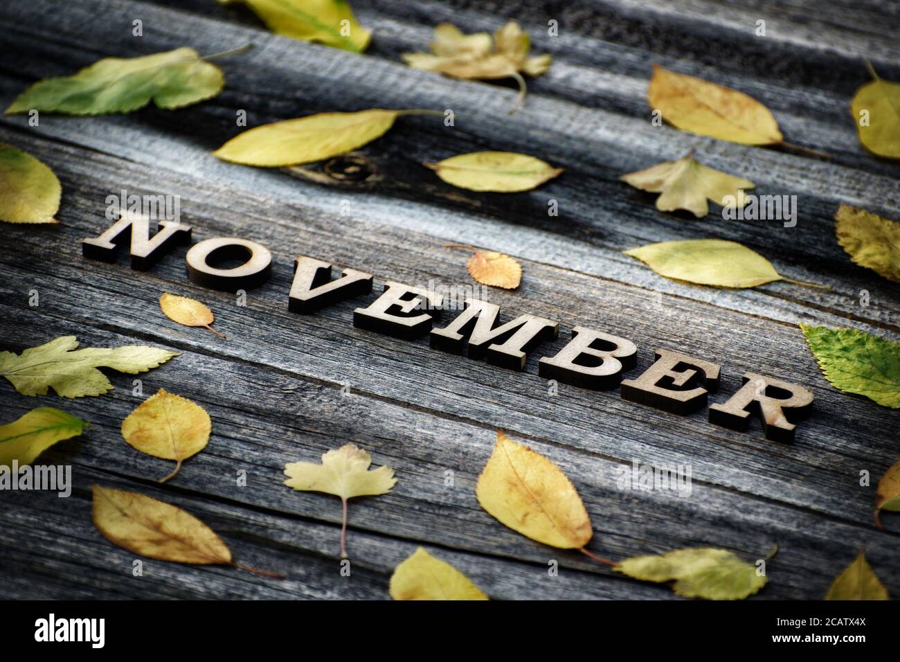 Word November, wooden letters. Frame of yellow leaves, wooden ...