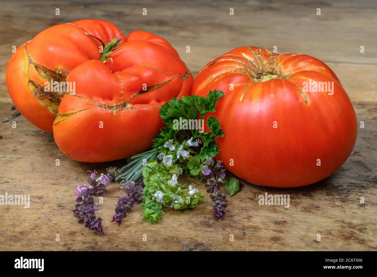 Ancient tomatoes variety and aromatic herbs on old wooden background in ...