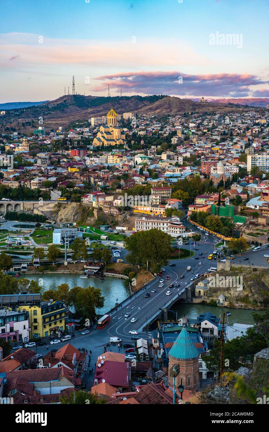 The sunset view of city Tbilisi, the capital city in Georgia Stock ...