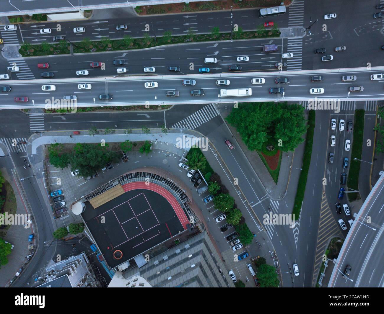 The aerial view of traffic in complicated overpass bridges in Shanghai ...