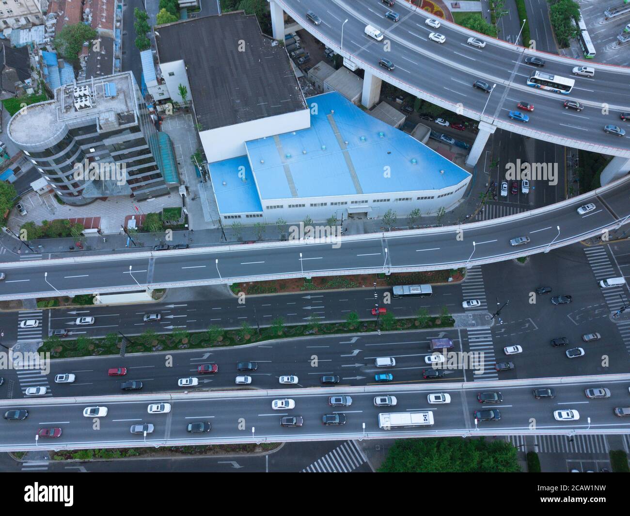 The aerial view of traffic in complicated overpass bridges in Shanghai ...