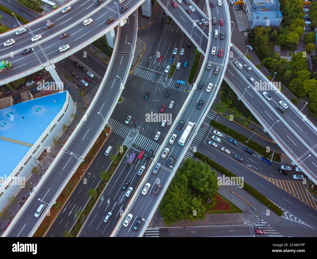 The aerial view of traffic in complicated overpass bridges in Shanghai ...