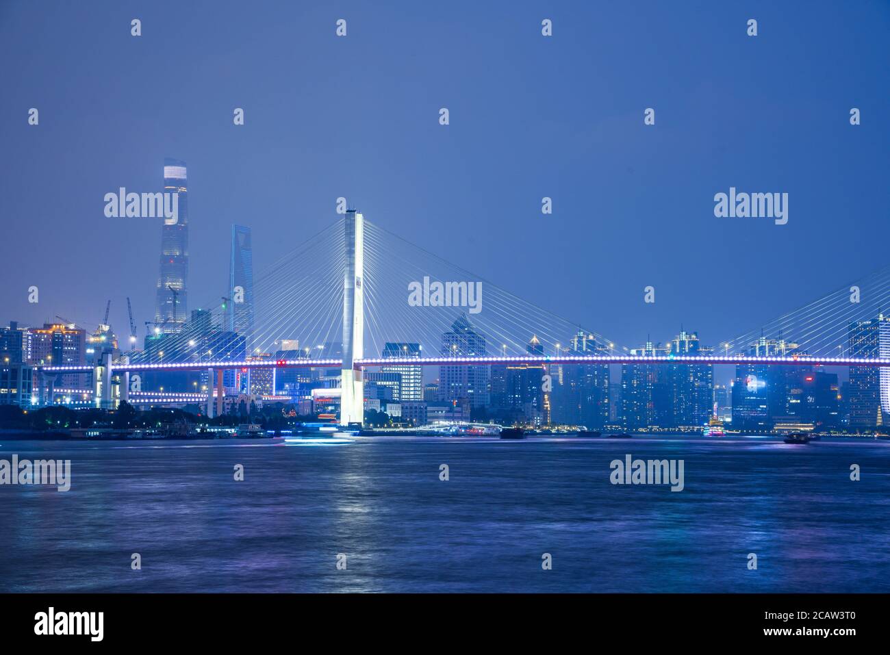 Night view of Nanpu Bridge, on Huangpu River, in Shanghai, China Stock ...