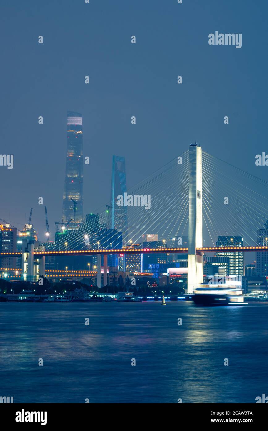 Night view of Nanpu Bridge, on Huangpu River, in Shanghai, China Stock ...