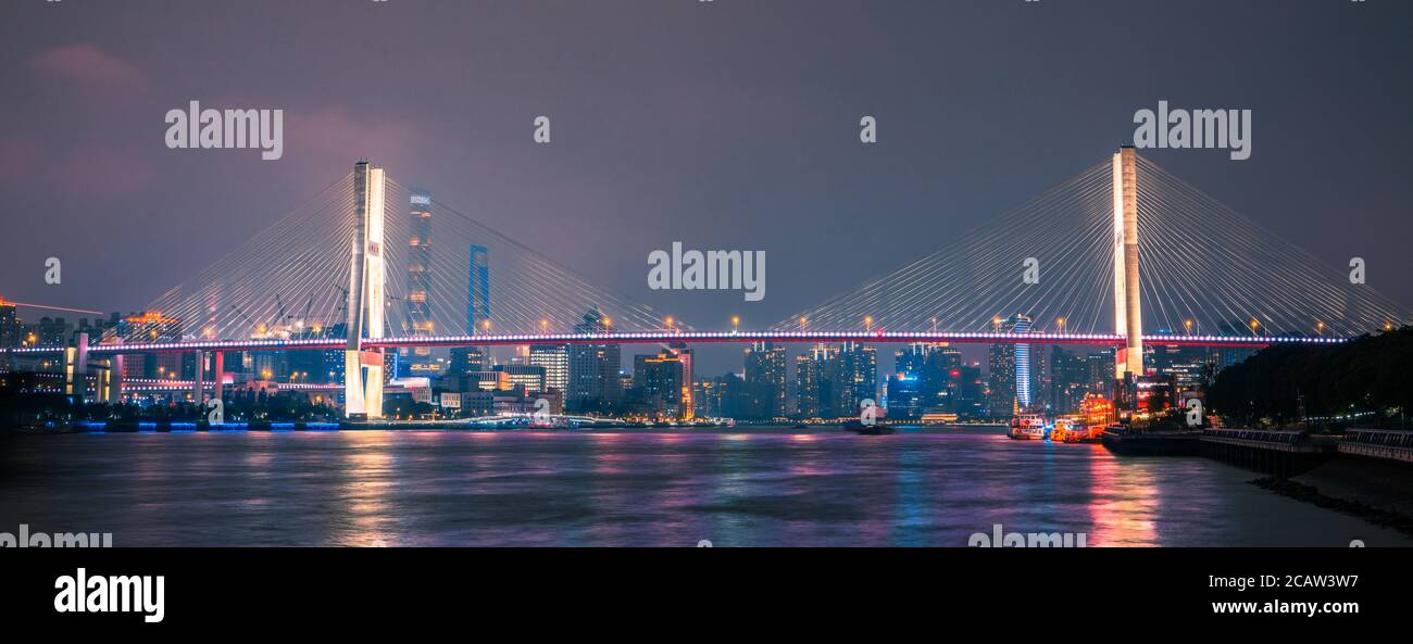 Night view of Nanpu Bridge, on Huangpu River, in Shanghai, China Stock ...