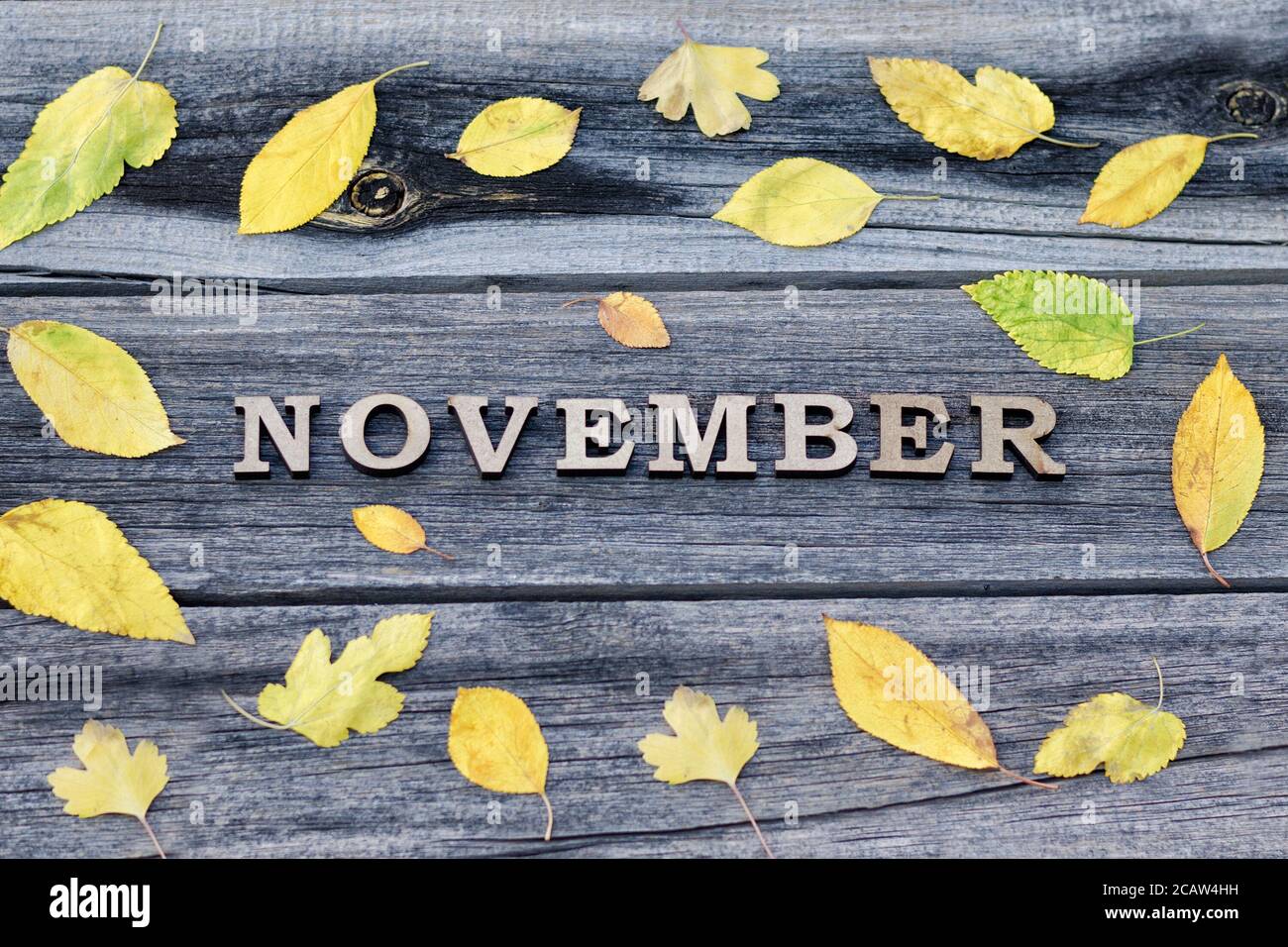 Word November, wooden letters. Frame of yellow leaves, wooden ...