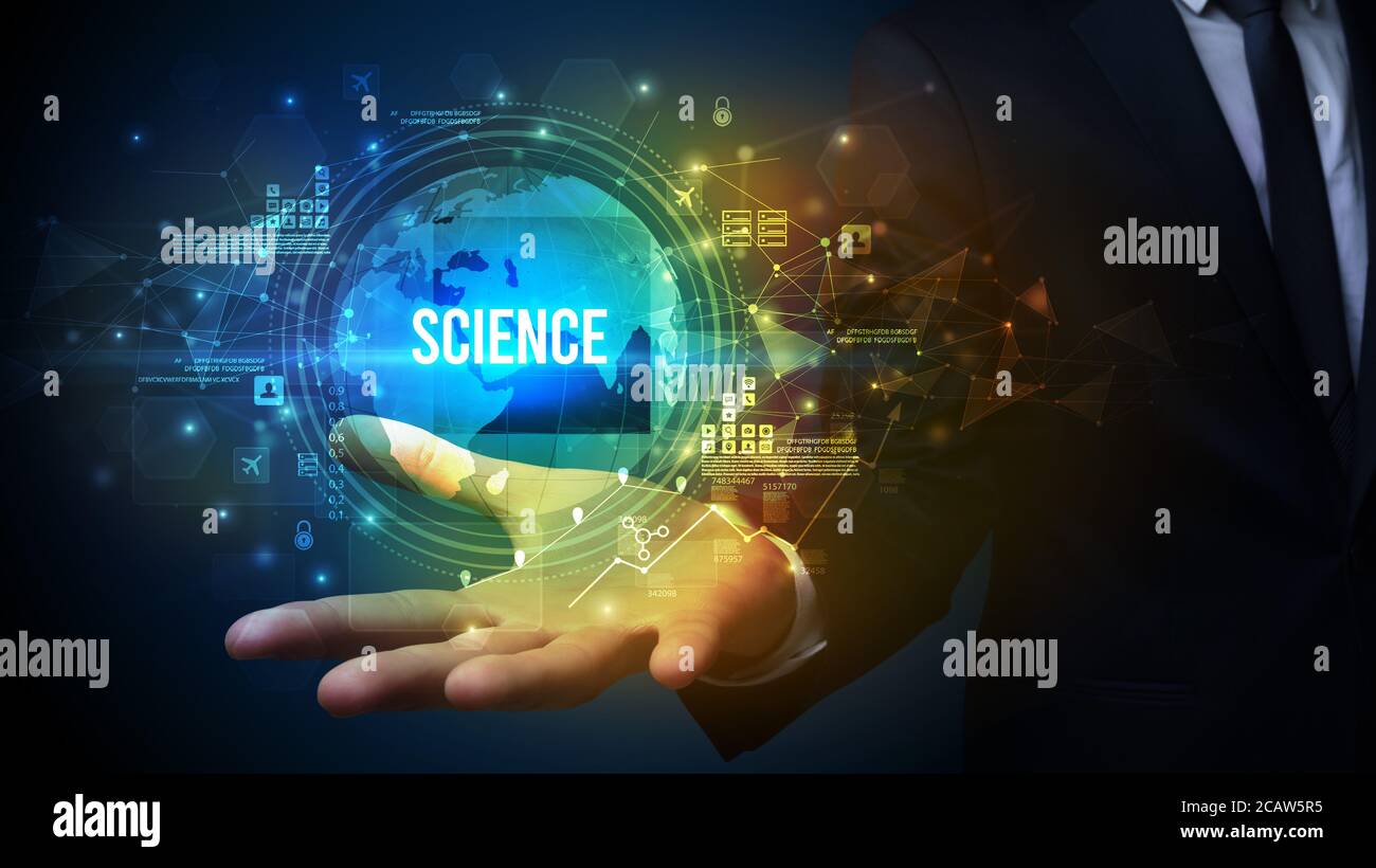 Elegant hand holding SCIENCE inscription, digital technology concept ...