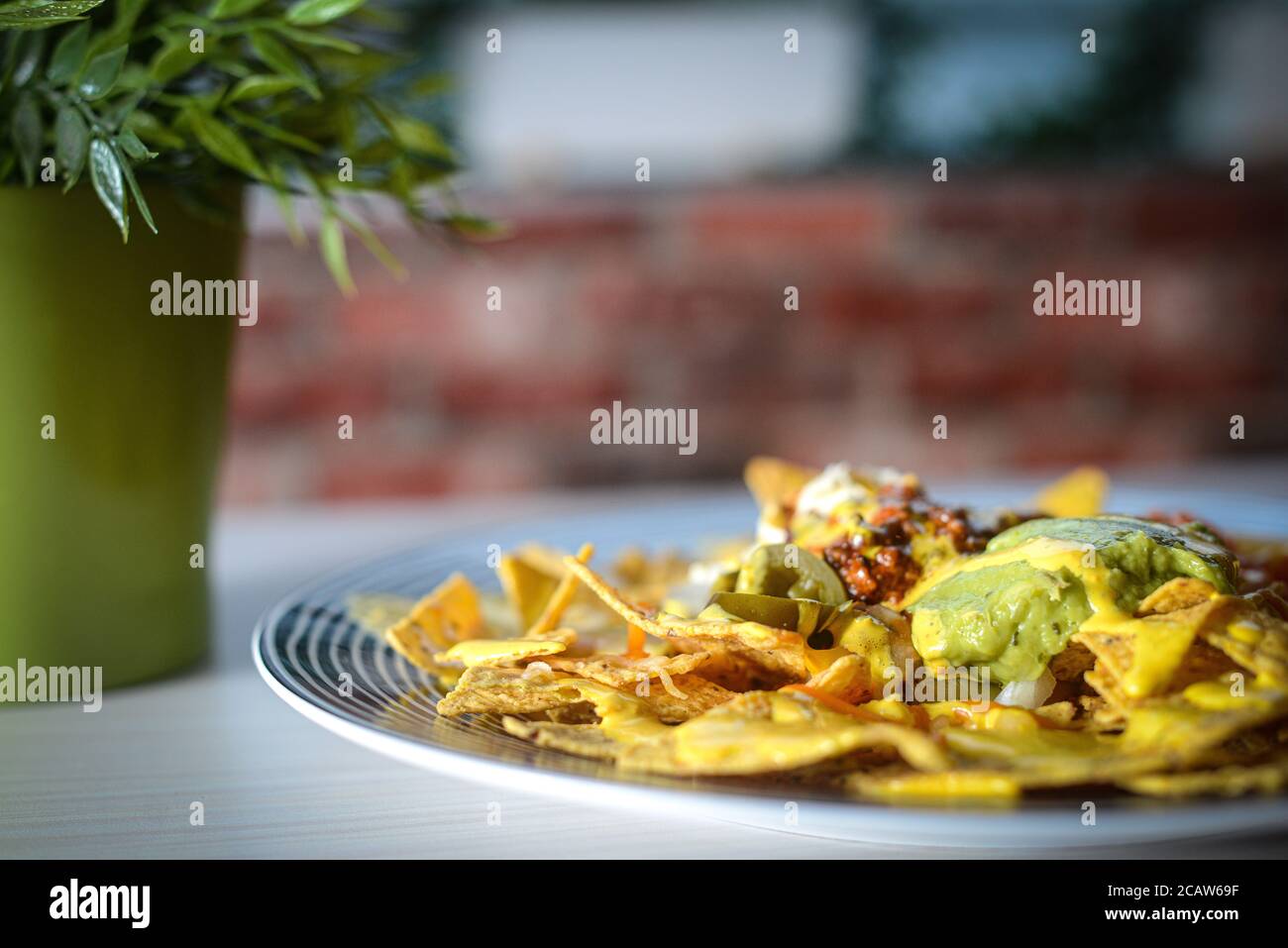 Selective focus shot of a plate of nachos with sauce on a white table ...