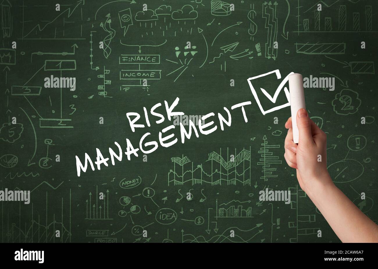 Hand drawing RISK MANAGEMENT inscription with white chalk on blackboard ...