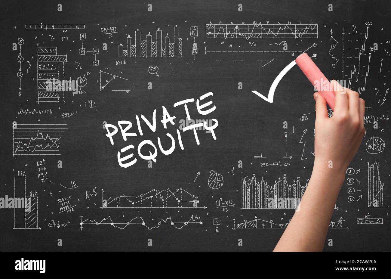 Hand drawing PRIVATE EQUITY inscription with white chalk on blackboard ...
