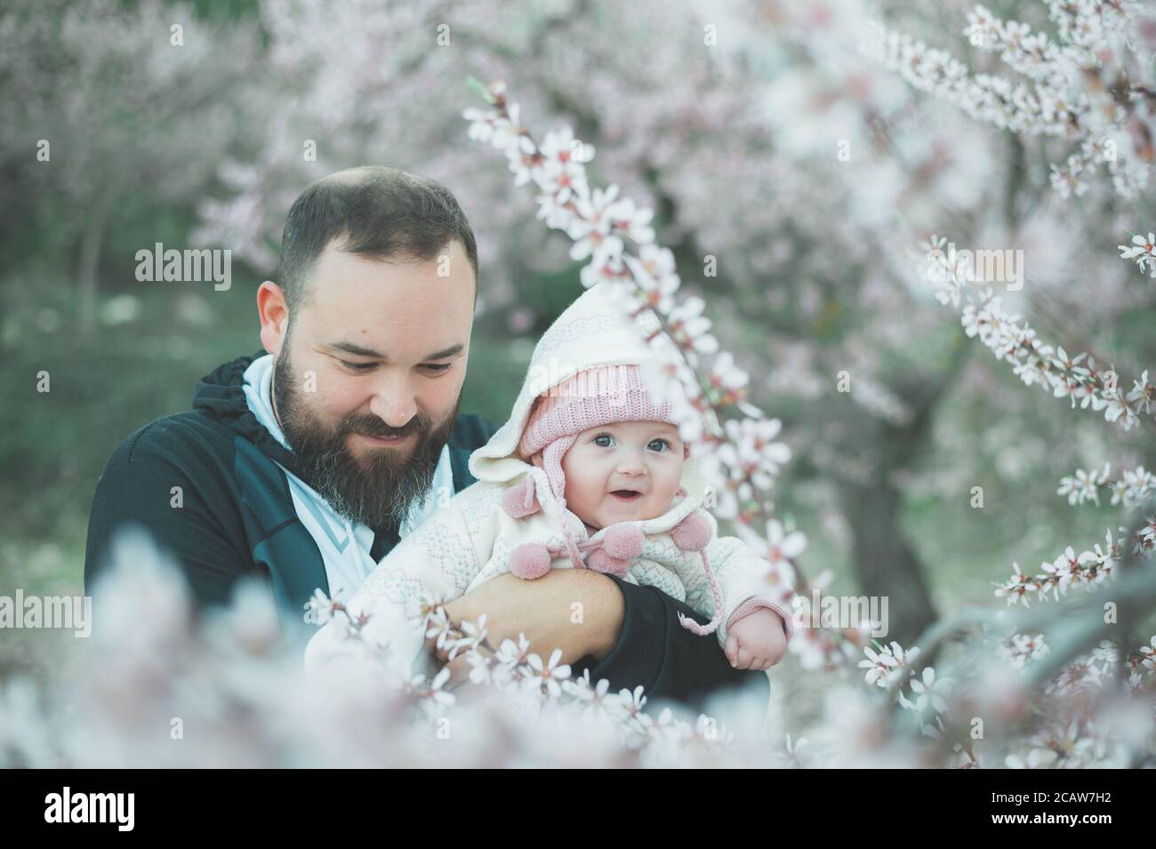 Dad and daughter enjoying spring time blossom trees Stock Photo - Alamy
