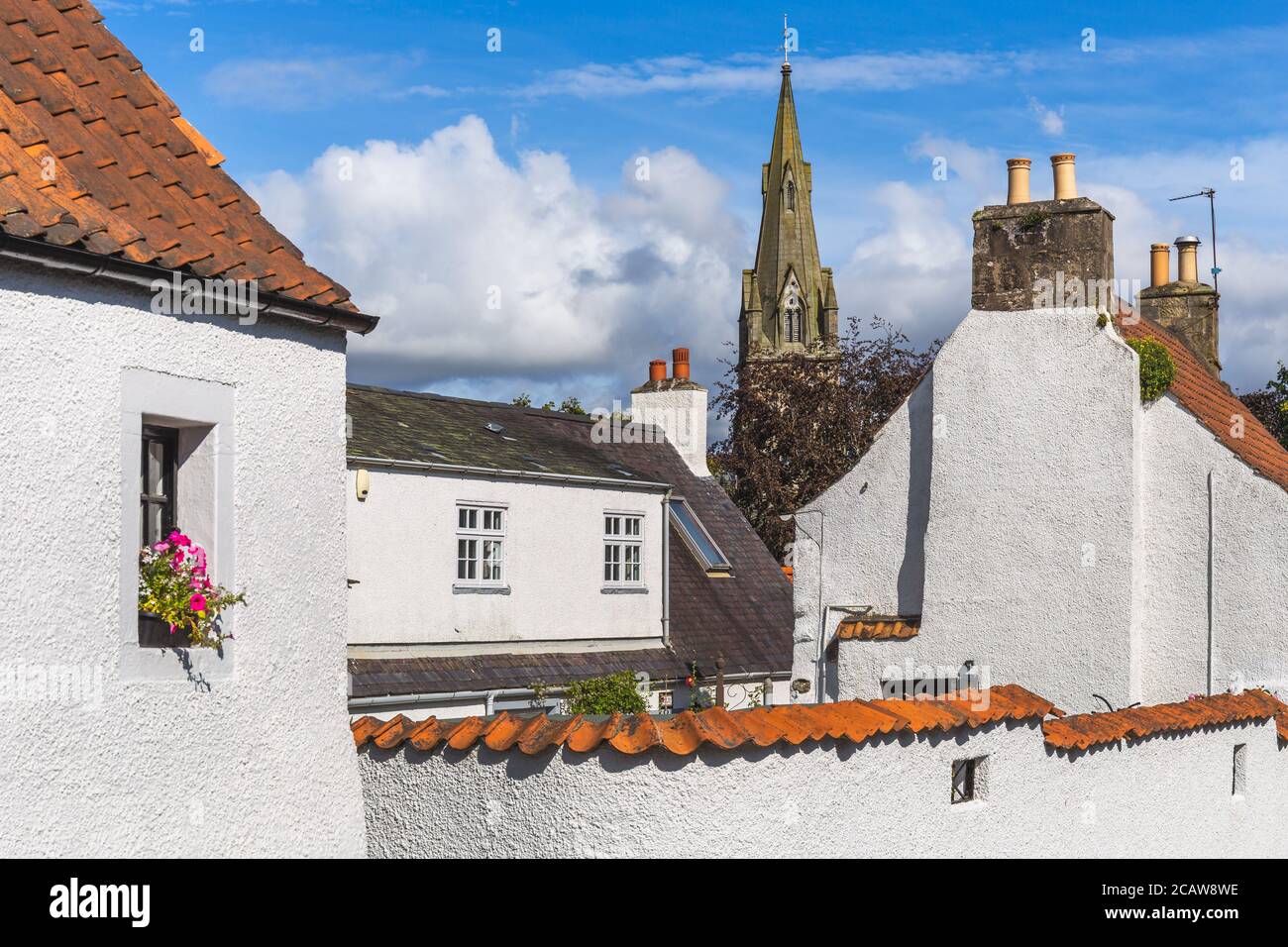 Old whitewashed house in historic village of Falkland in Fife, Scotland ...