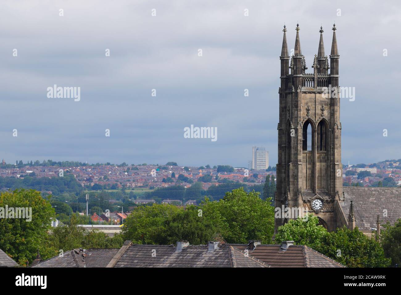 Looking across Ashton Under Lyne in Manchester with St Peters Church ...