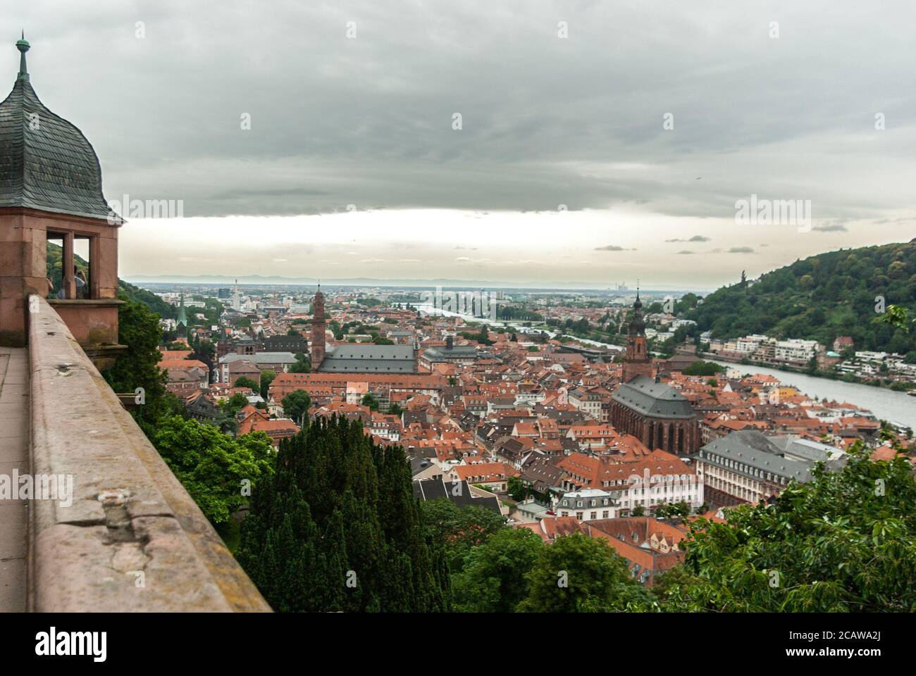 Aerial view from Schloss Heidelberg (castle) over the old city center ...