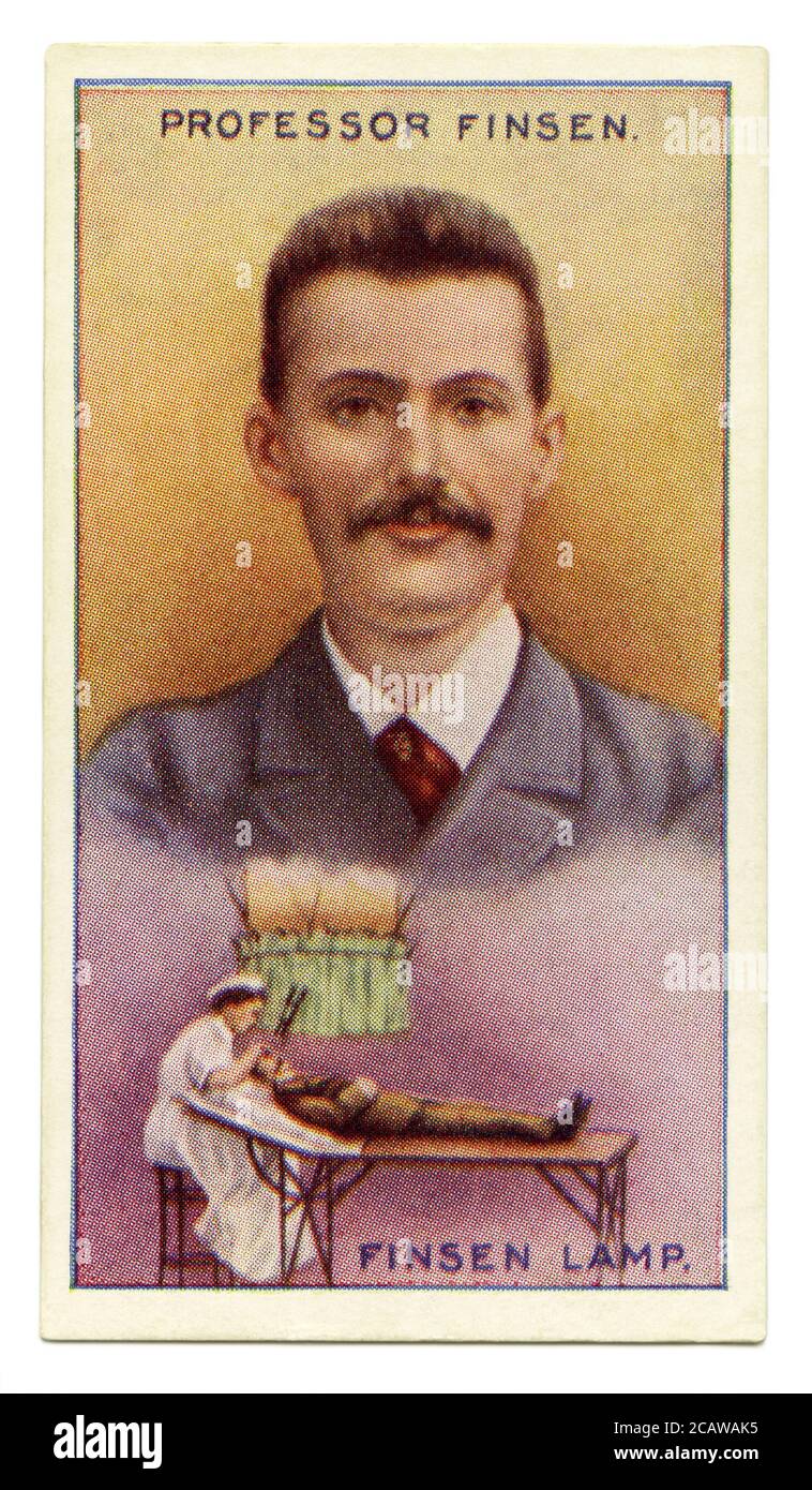 An old cigarette card (c. 1929) with a portrait of Niels Ryberg Finsen ...