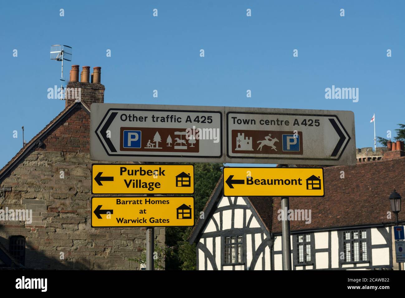 Road signs and new housing signs, Warwick, Warwickshire, England, UK ...