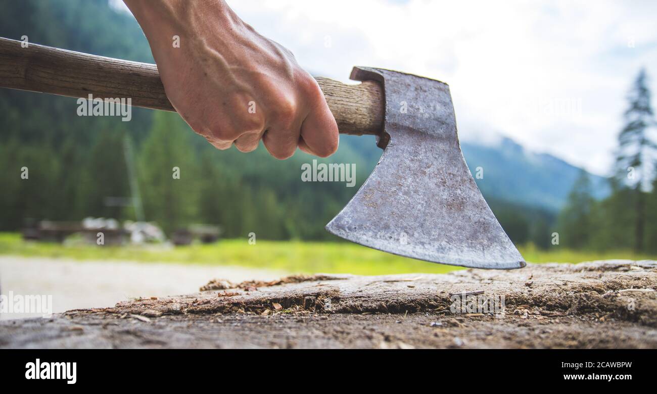 Hand holding axe hi-res stock photography and images - Alamy
