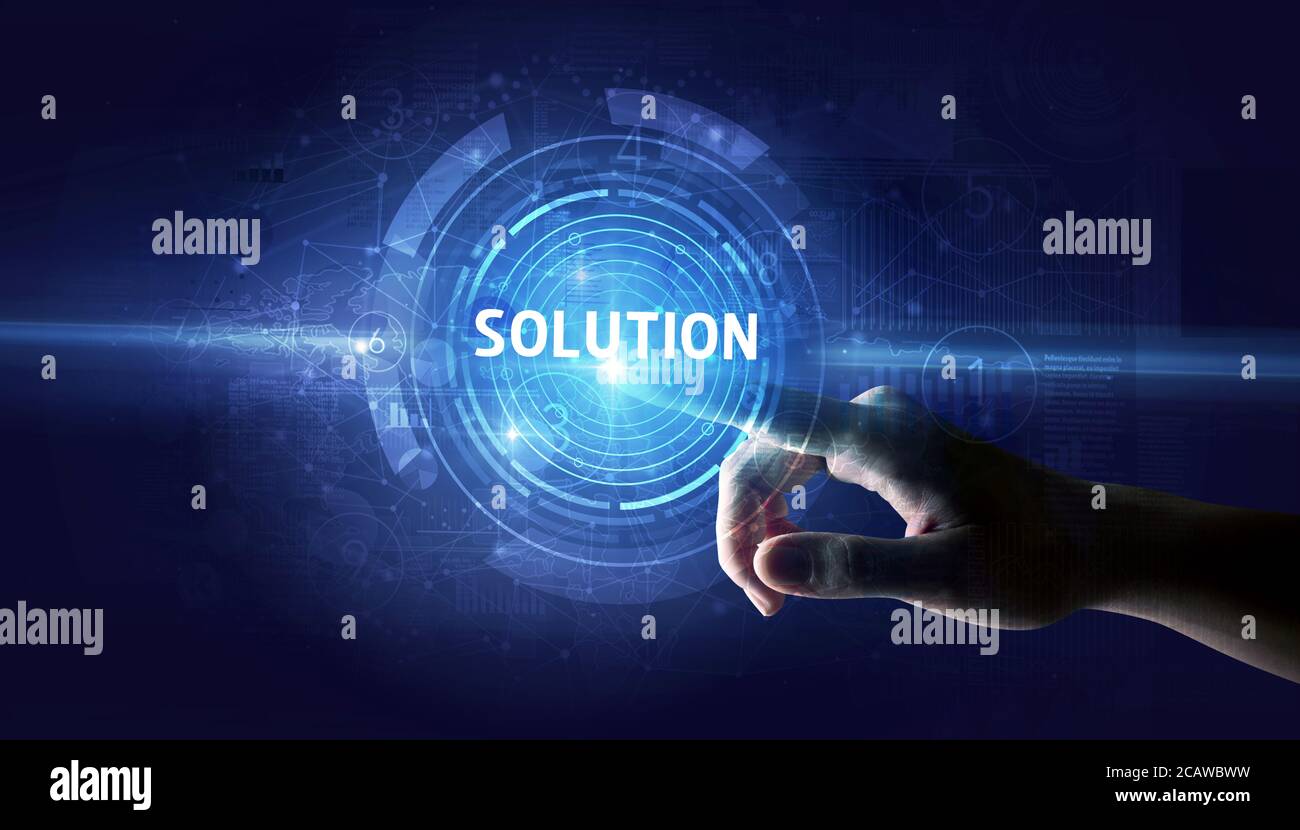 Hand touching SOLUTION button, modern business technology concept Stock ...
