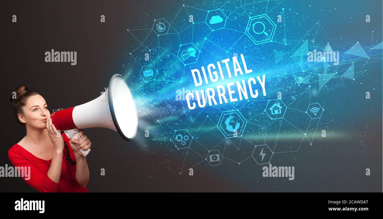 Young woman shouting in megaphone with DIGITAL CURRENCY inscription ...