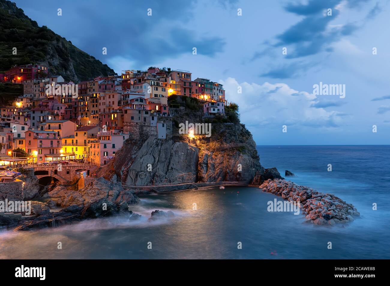 Manarola village at night. Cinque Terre - a beautiful coastal area on ...