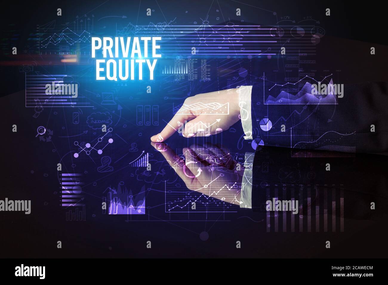 Businessman touching huge screen with PRIVATE EQUITY inscription, cyber ...
