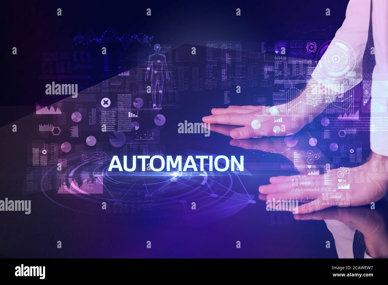 Businessman touching huge display with AUTOMATION inscription, modern technology concept Stock ...