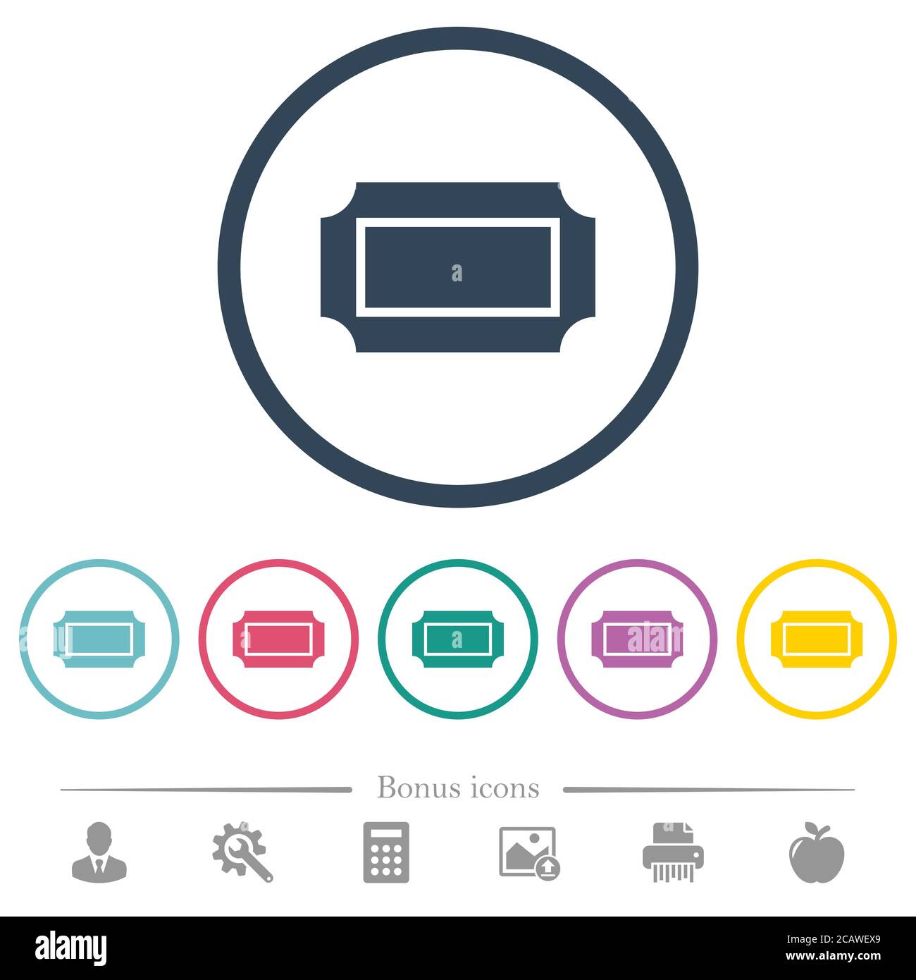 Ticket with straight edges flat color icons in round outlines. 6 bonus ...