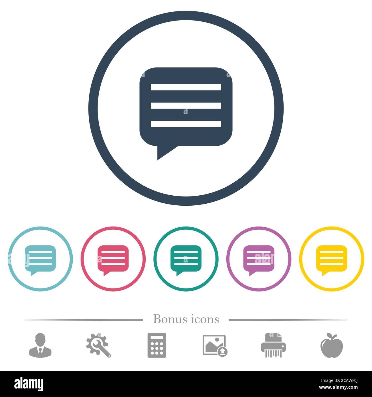 Message box with rows flat color icons in round outlines. 6 bonus icons ...