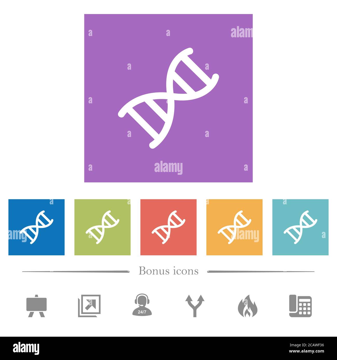 DNA molecule flat white icons in square backgrounds. 6 bonus icons ...