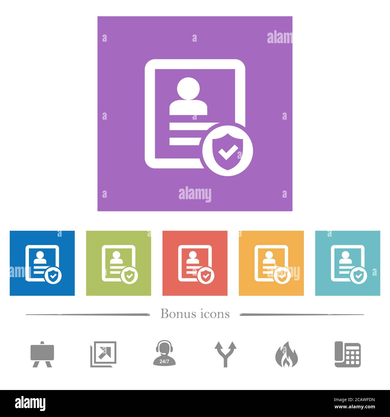 Protected contact flat white icons in square backgrounds. 6 bonus icons ...