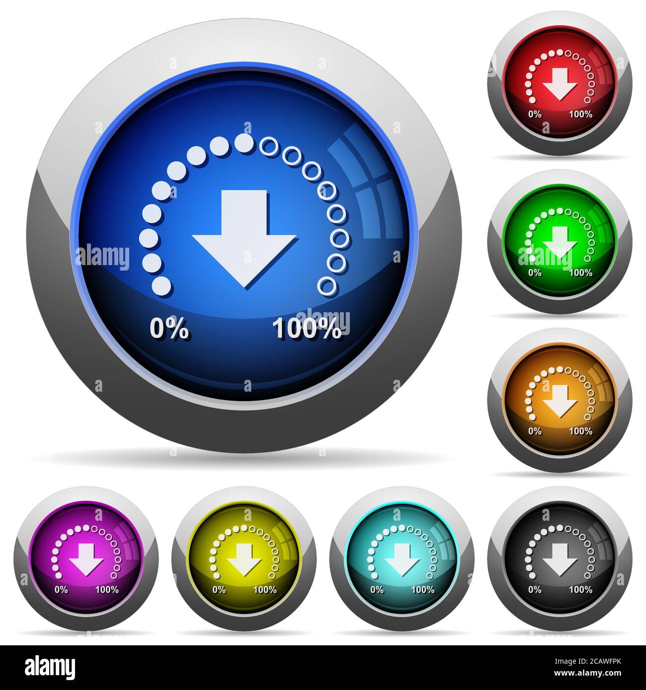 Download in progress icons in round glossy buttons with steel frames ...