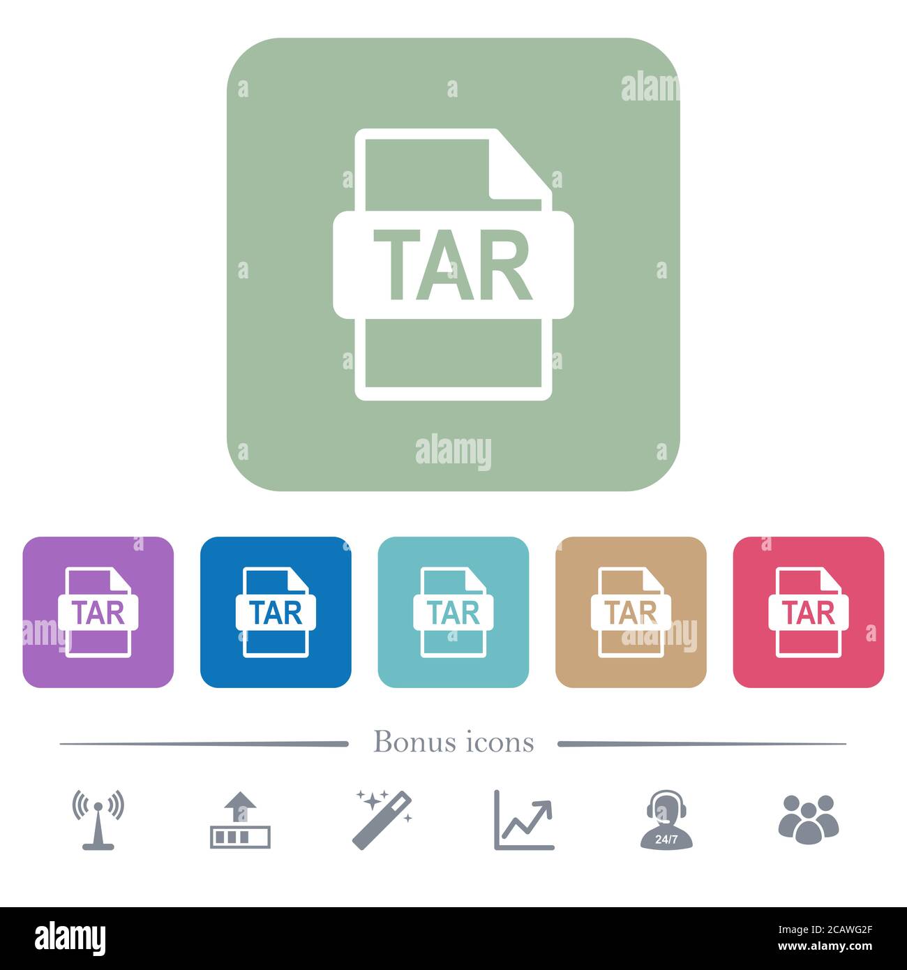 TAR file format white flat icons on color rounded square backgrounds. 6 ...