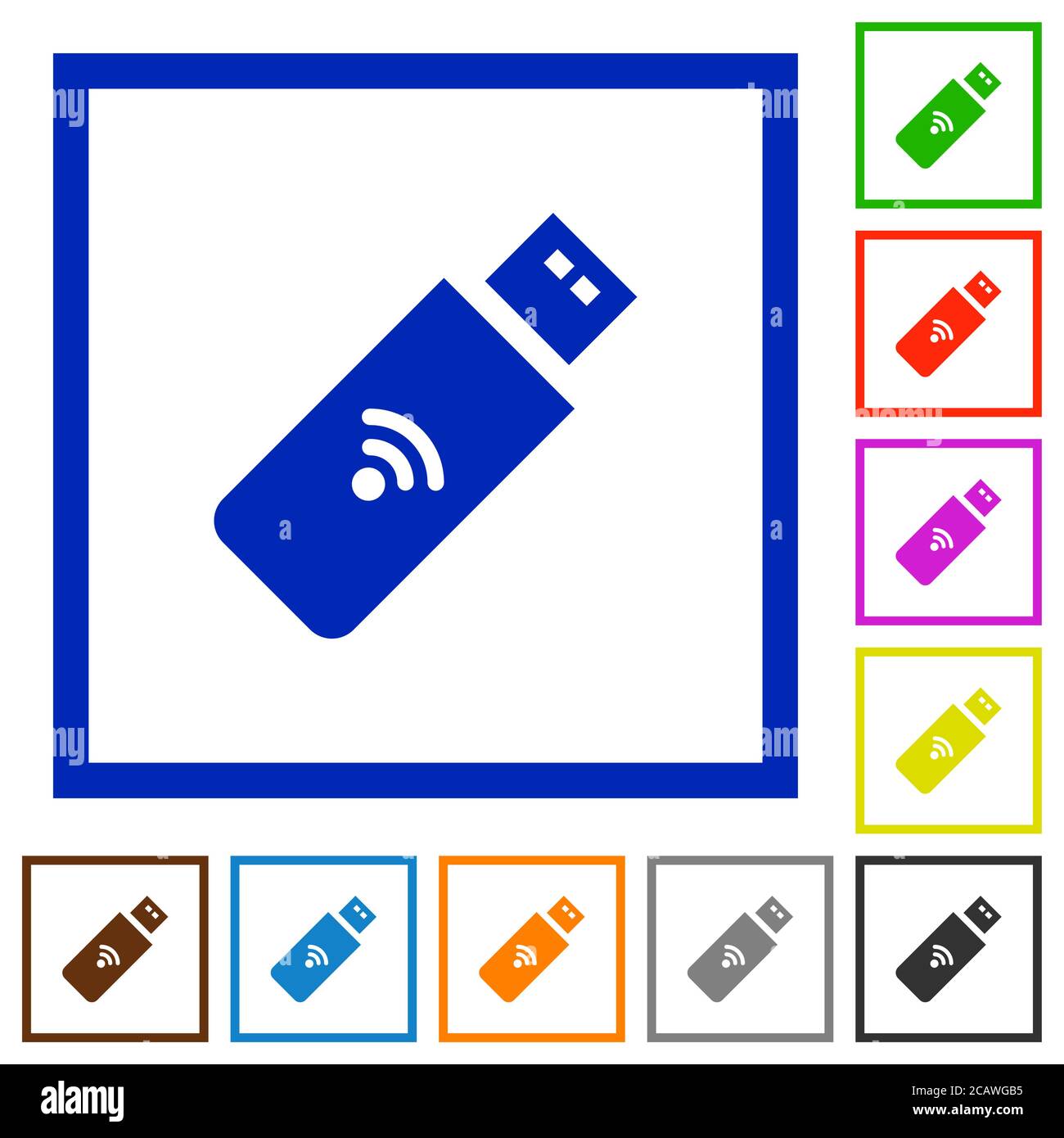 Wireless usb stick flat color icons in square frames on white ...
