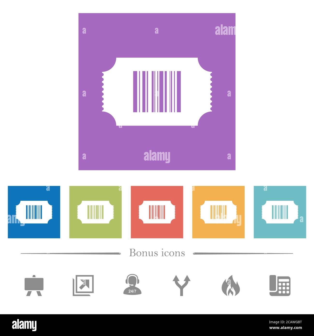 Ticket with barcode flat white icons in square backgrounds. 6 bonus ...