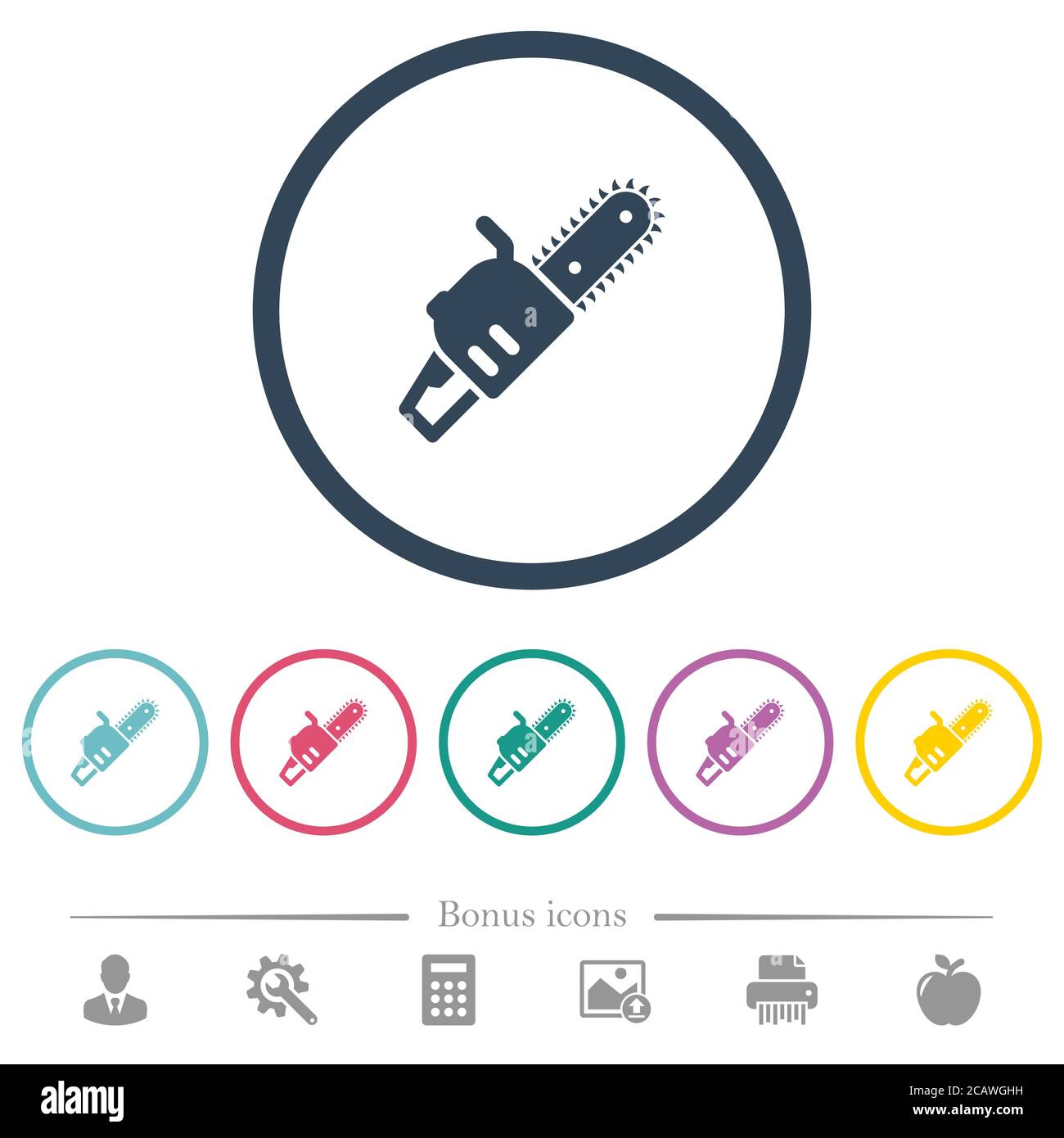 Chainsaw flat color icons in round outlines. 6 bonus icons included ...