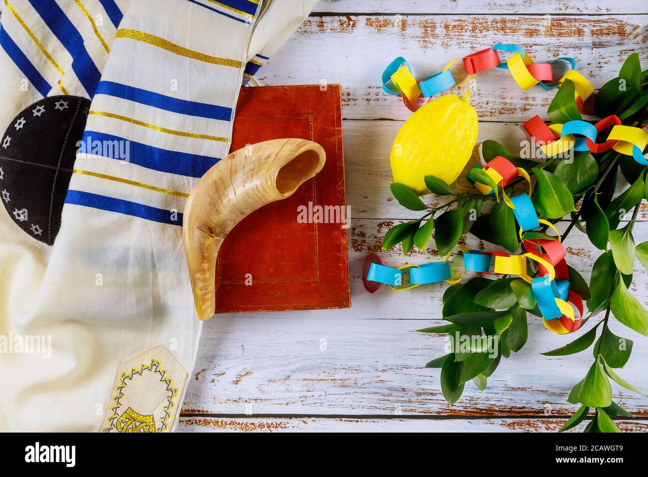 Ritual festival of Sukkot in the jewish religious symbol over paper ...