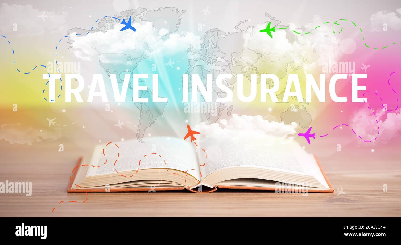 Open book with TRAVEL INSURANCE inscription, vacation concept Stock ...