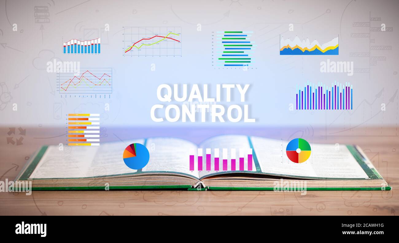 Open book with QUALITY CONTROL inscription, new business concept Stock ...