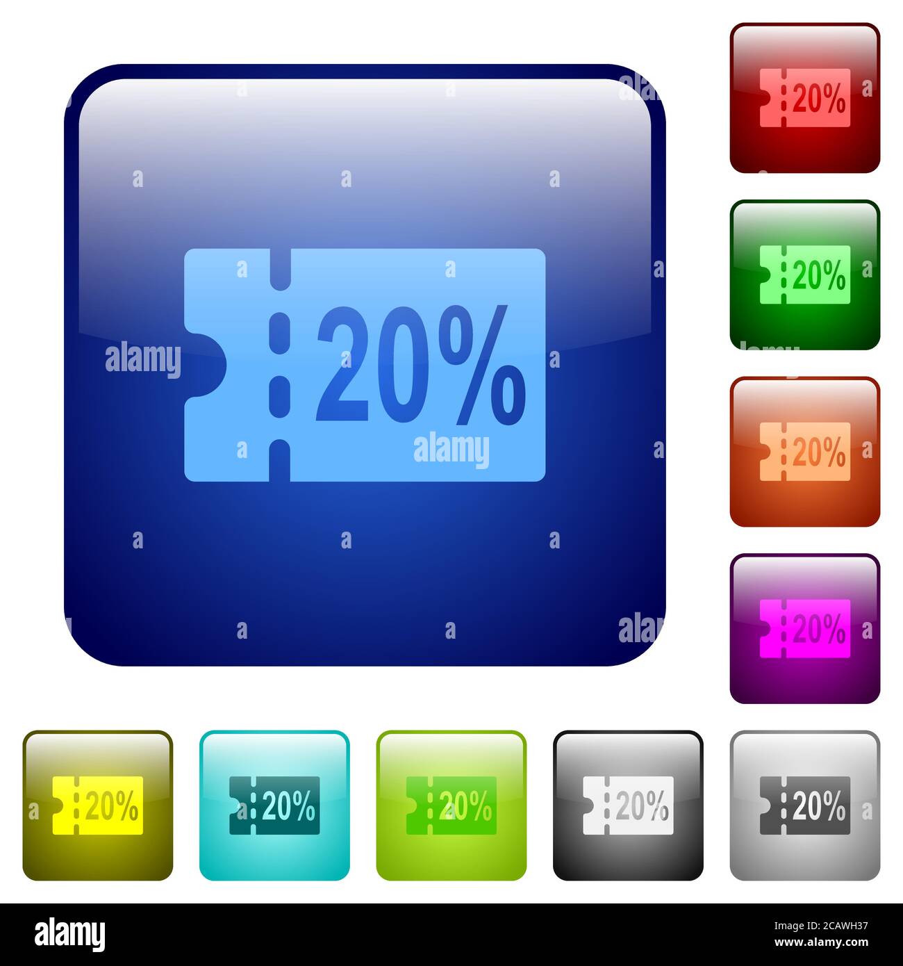 20 percent discount coupon icons in rounded square color glossy button ...