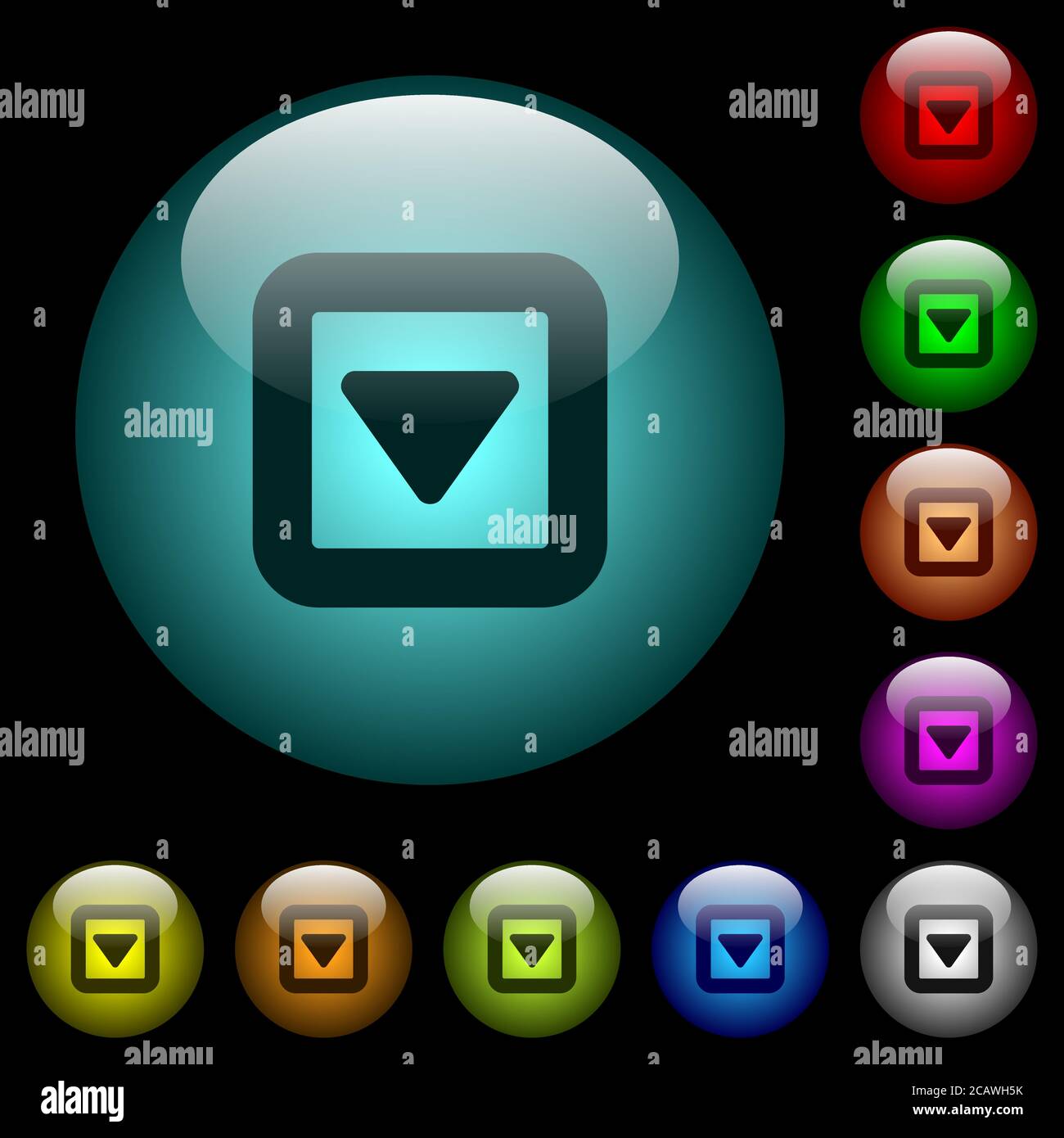 Toggle down icons in color illuminated spherical glass buttons on black ...