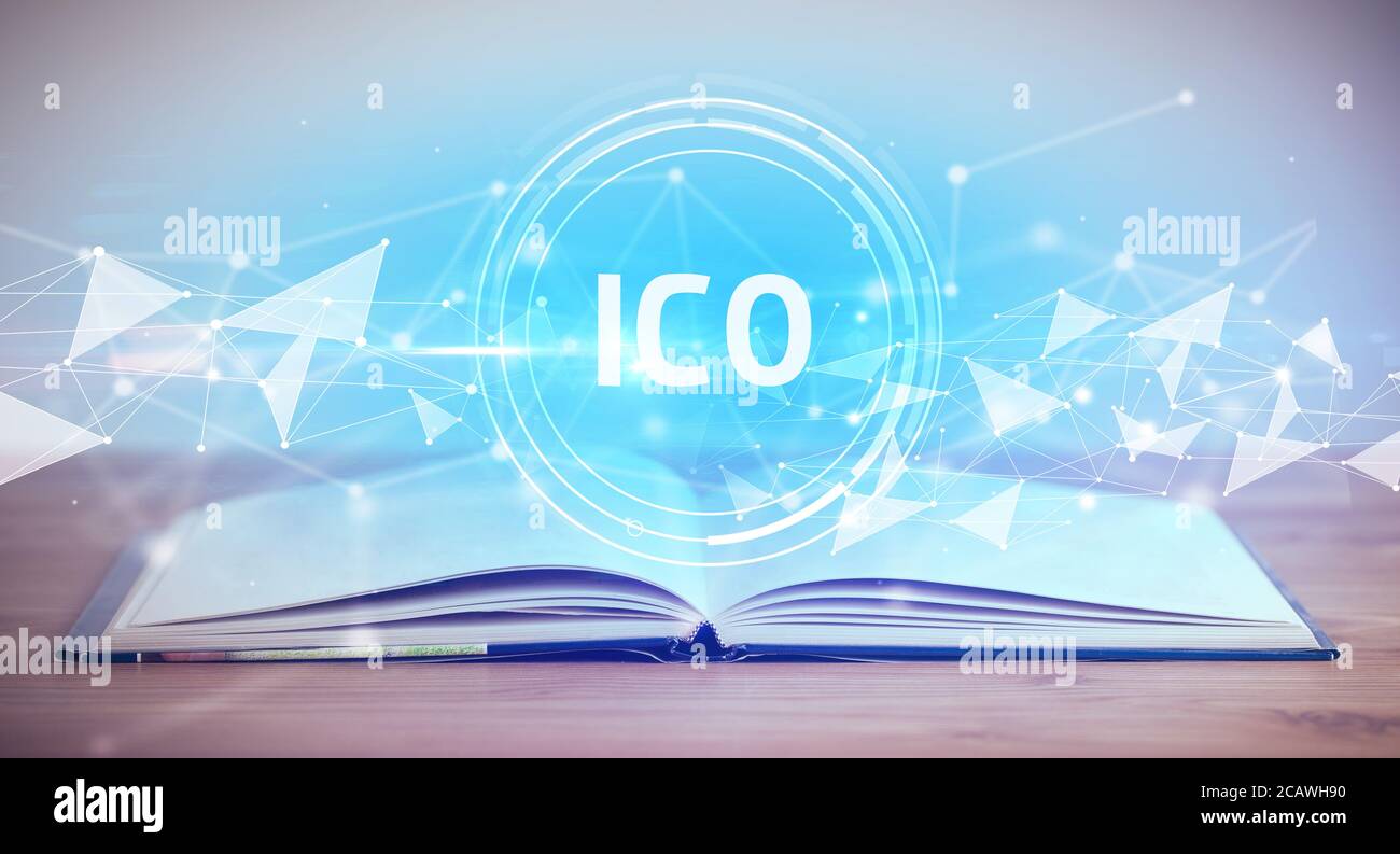 Open book with ICO abbreviation, modern technology concept Stock Photo ...